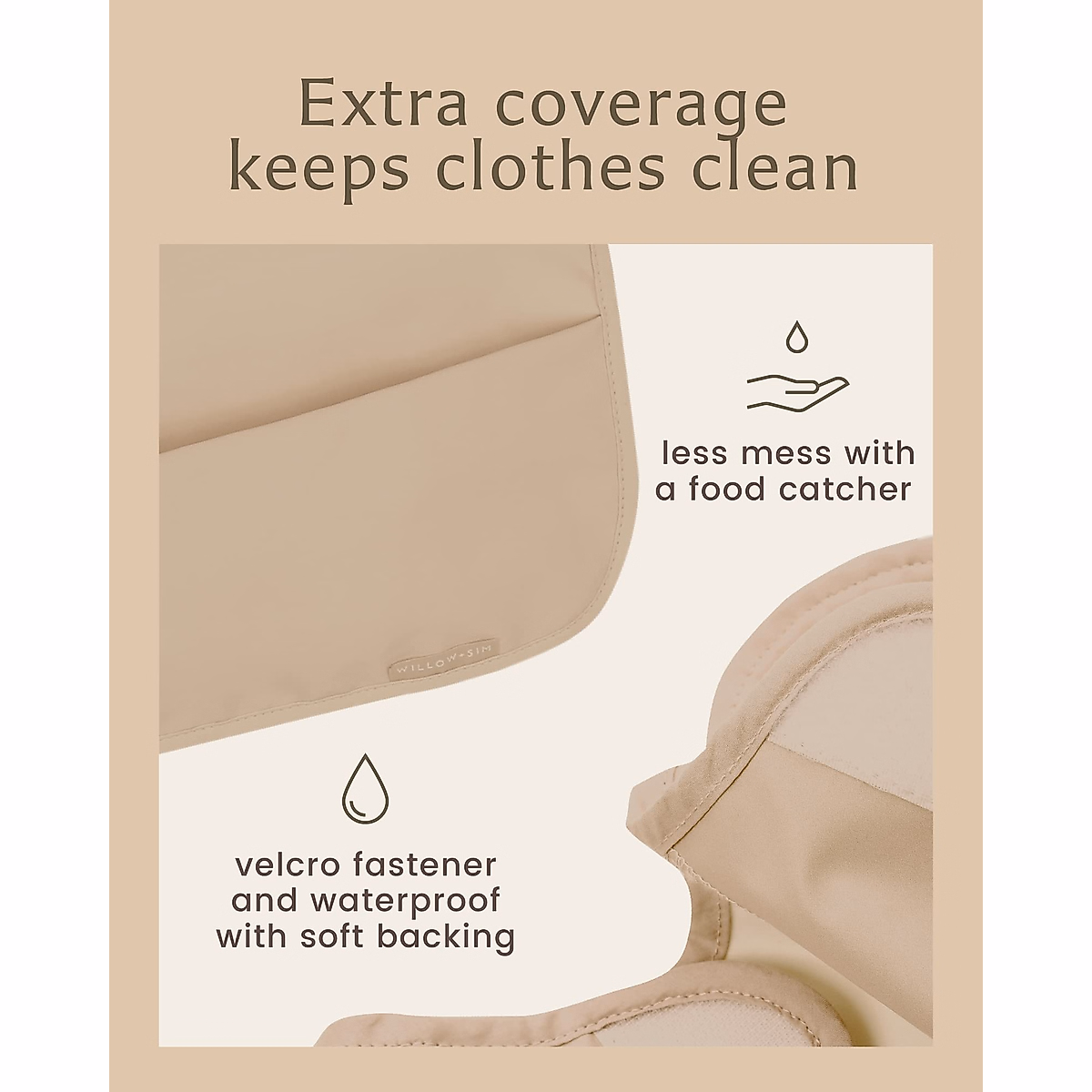 WILLOW + SIM Long Sleeve Baby Bibs - Wipe Clean, Washable with Food Catcher - Long Sleeve Bib for Babies, Toddler - Irish Cream