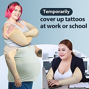 8 Pieces Plus Size Full Arm Sleeves UV Sun Tattoo Arm Sleeve Cooling Arm Compression Covers Tattoo Cover Up for Women Men (Beige)