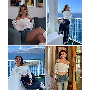 EMMIOL Summer Tops for Women Y2k Sexy Off Shoulder T-Shirt Long Sleeve Bodycon Cropped Tee Tops 2000s Aesthetic Streetwear