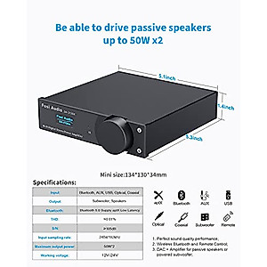 Fosi Audio DA2120A Bluetooth 5.0 2.1 CH DAC Amplifier Stereo Receiver Audio Hi-Fi Support aptX Integrated Class D Digital Power Amp for Passive Speakers Active Subwoofer with Remote Control