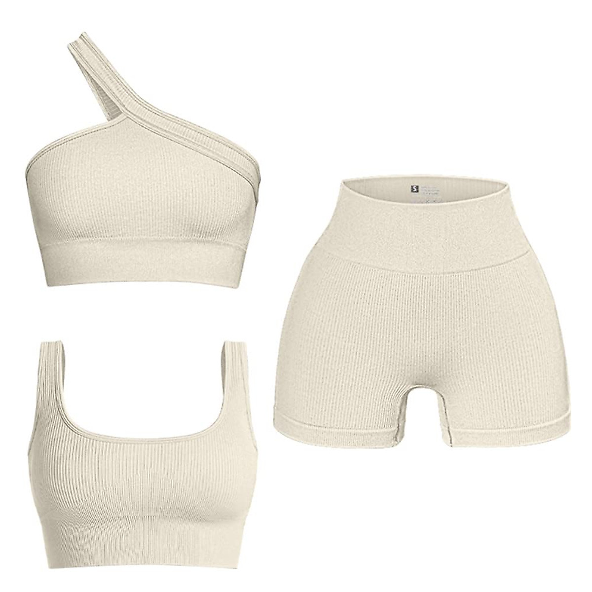 OQQ Women's 3 Piece Outfits Ribbed Seamless Exercise Scoop Neck Sports Bra One Shoulder Tops High Waist Shorts Active Set Beige