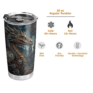 64HYDRO 20oz Steampunk Mechanical Engineer Clockwork Dragon Tumbler, Gaming, Gamer Gifts for Dragon Lovers, Stainless Steel Double Wall Vacuum Insulated Coffee Mug, Travel Cup with Lid
