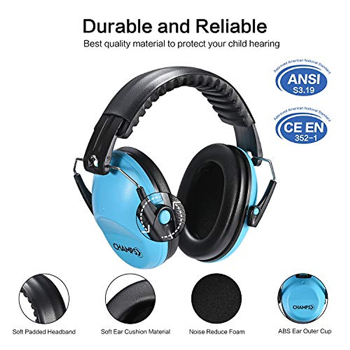 CHAMPS Kids Ear Muffs Earmuff Noise Protection Reduction Headphones for Toddlers Kid Children Teen NRR 25dB Safety Hearing Ear Muff Shooting Range Hunting Season [Blue]