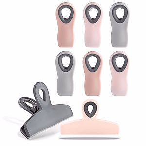Cook with Color Set of Eight Bag Clips, 2 Large Heavy Duty Chip Clip and 6 Refrigerator Magnet Clips for Food Storage with Air Tight Seal Grip for Snack Bags and Food Bags (Pink and Grey)