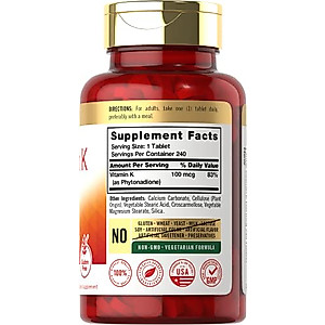 Carlyle Vitamin K 100 mcg | 240 Tablets | Vegetarian, Non-GMO, Gluten Free | Vitamin K Supplement