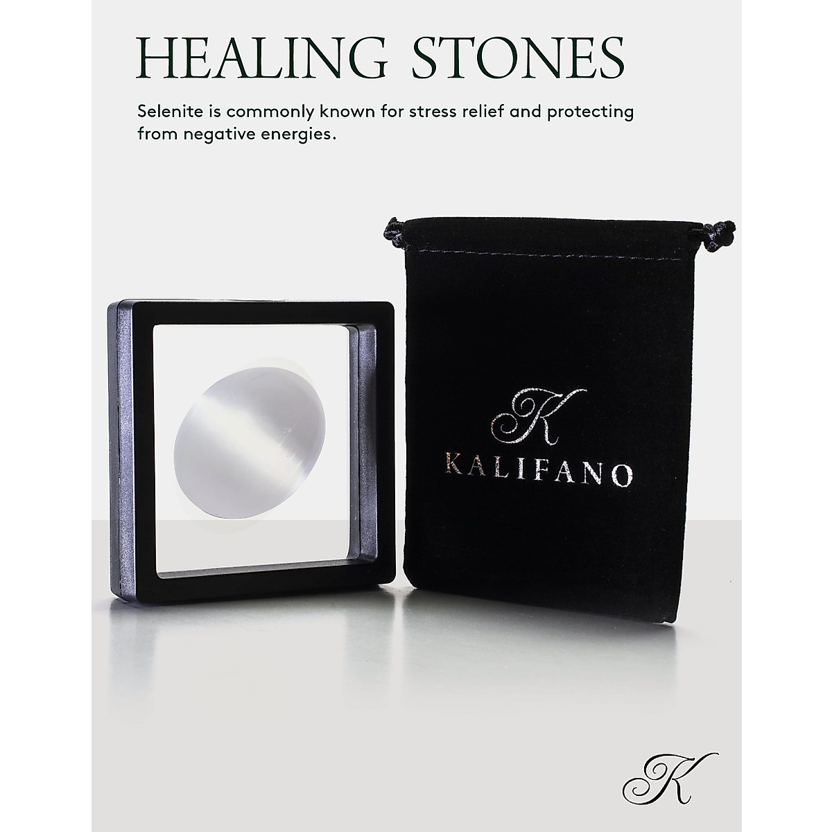 KALIFANO Selenite Palm Stone with Healing & Calming Effects - High Energy Selenita Satin Spar Worry Stone Used for Cleansing and Protection (Information Card Included)