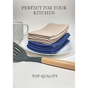 JuliaNa Home and Decor Waffle Weave Kitchen Towels, 100% Cotton, Set of 4 Cloths for Washing Dishes, Kitchen Dish Towels 12x12 Inches, Cream White and Blue