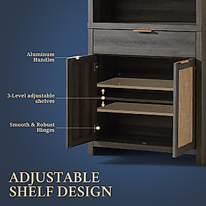 OAKHAM HOME Hampstead Bookcase, Rattan Bookcase with Doors Cabinet and Drawer, 5-Tier Bookshelf, Large Wooden Book Case, Tall Bookshelves for Library Living Room (Midnight Oak, 1 Piece)