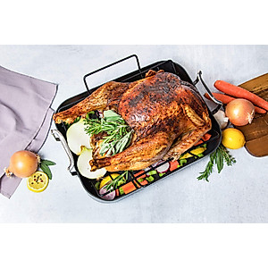 Turkey Roasting Pan, By Kook, Hard Anodized Roaster, Non stick, with Metal Rack and Stainless Steel Handles, 17 Inches from Handle to Handle (Grey)
