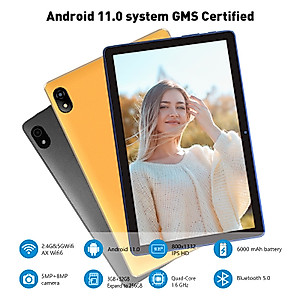 Tablet 10 Inch,Android 11 Tablet AX WiFi 6+2.4&5GWifi,3GB RAM 32GB ROM Storage,IPS HD 1332x800 Screen,Quad Core Processor,5MP+8MP Camera,Bluetooth 5.0,6000 mAh Battery,Leather Fine Grain(Grey)