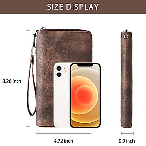 Telena Leather Wallets for Women Slim Zip Around Wristlet Clutch Purse Large Phone Holder Retro Coffee