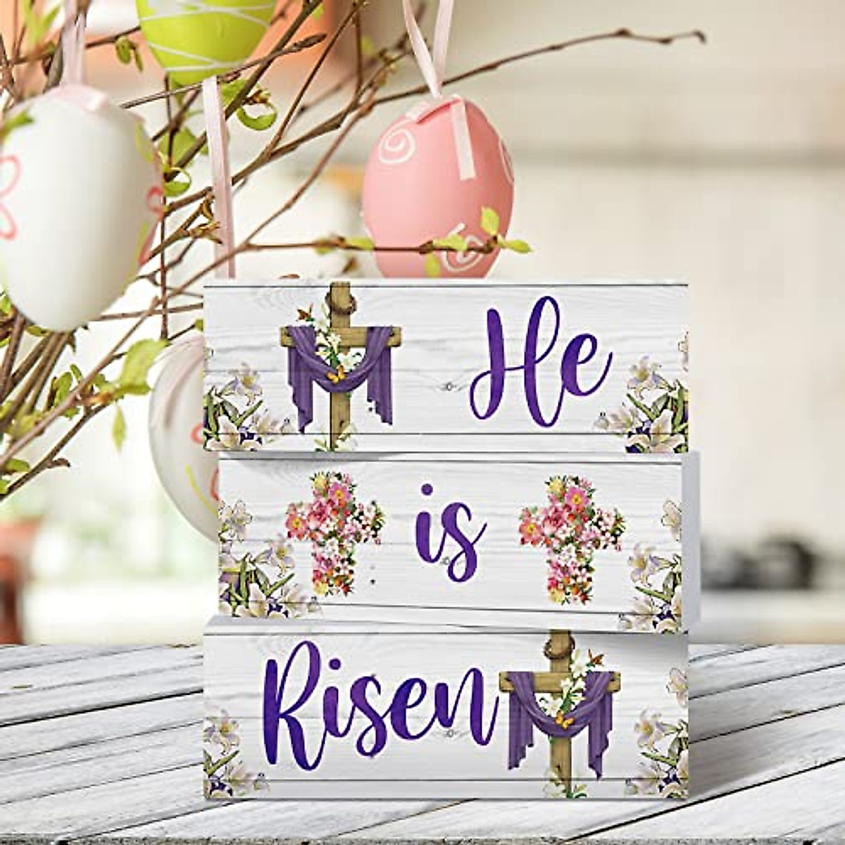 He is Risen Easter Decor Easter Wooden Cross Signs Floral Printed Easter Tiered Tray Signs Religious Tabletop Easter Decorations Spring Table Centerpieces for Home Office (Cross)