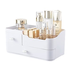 HBlife Plastic Makeup Organizer for Vanity with 2 Drawers Large Skincare Organizers 8 Compartments Bathroom Organizer Cosmetic Storage, White