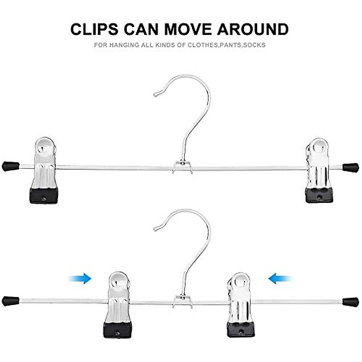 Opuss Metal Pants Shorts Hangers, Heavy Duty Kids Skirt Hangers with 2 Adjustable Non Slip Clips, Ultra Thin Space Saving 360 Degree Swivel Hook Stainless Steel Hanger 12 Pack