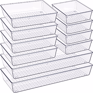 Criusia Drawer Organizer, 10 Pack Large Clear Plastic Drawer Organizers Set, 3 Size Versatile Bathroom and Vanity Drawer Organizer Trays, Storage Bins for Makeup, Bedroom, Kitchen Gadgets Utensils