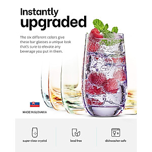 MITBAK 13- OZ Colored Highball Glasses (Set of 6) | Drinking Glasses Tumblers for Mixed Drinks, Water, Juice beer, cocktail | Glassware Set, Excellent Gift | Glass Cups Made in slovakia