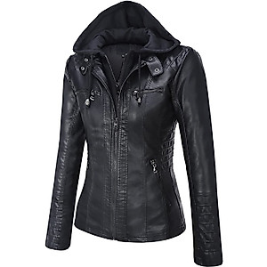 Springrain Women's Faux Leather Jacket Moto Biker Coat with Detachable Hood Motorcycle Jacket (XX-Large, Black)