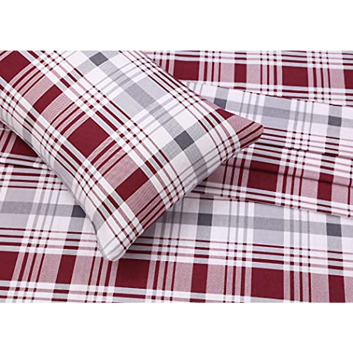 RUVANTI Flannel Sheets Full Size - 100% Cotton Brushed Bed Sheet Sets - Deep Pockets 16 Inches (fits up to 18") - All Seasons Breathable & Super Soft - Warm & Cozy - 4 Pcs - Balance Plaid Maroon