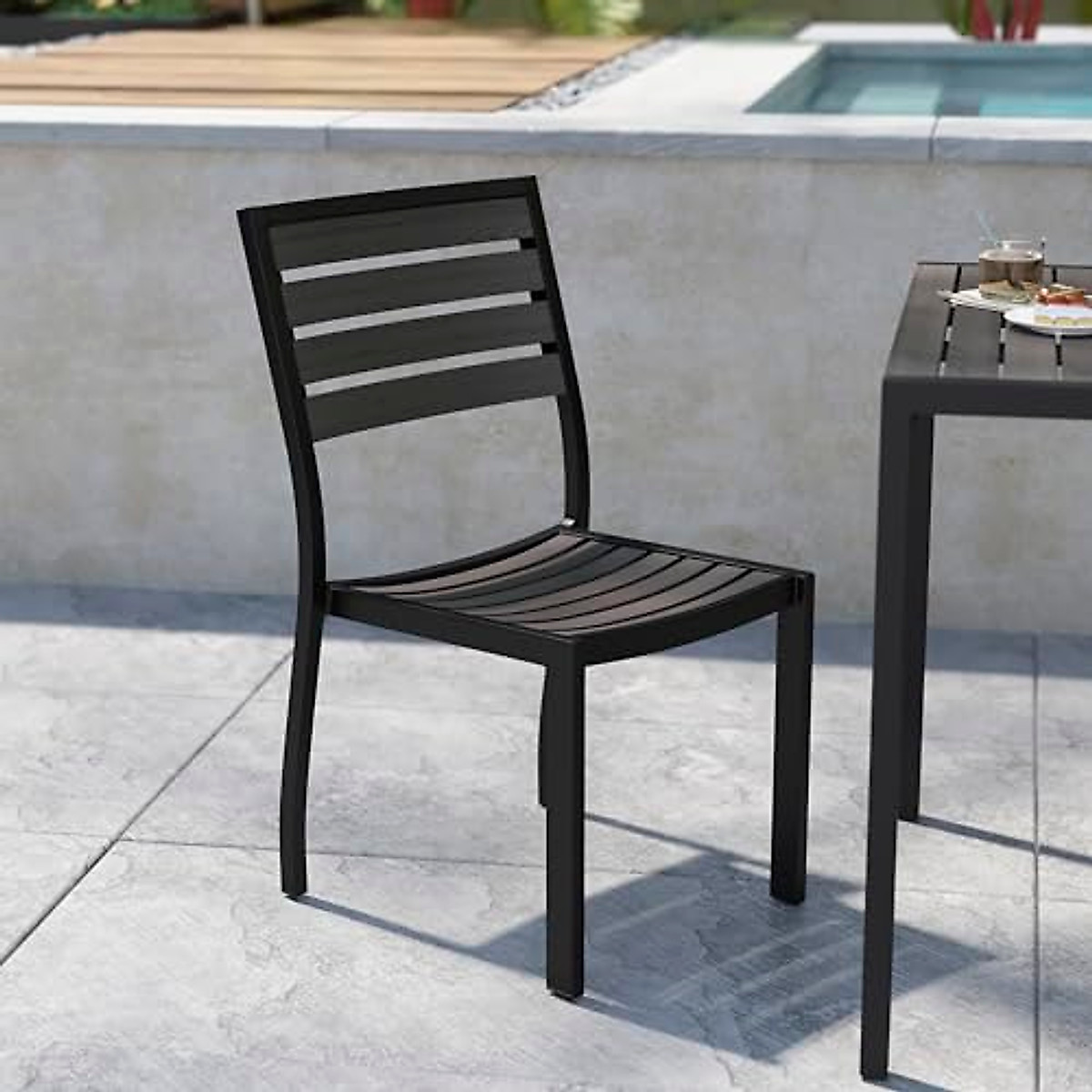 Flash Furniture Lark Outdoor Stackable Side Chair with Gray Wash Faux Teak Poly Slats, Set of 2