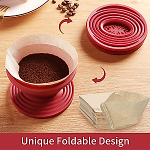 2 Pieces Collapsible Coffee Dripper Easy Red Manual Coffee Brew Maker with 80 Pieces Unbleached Paper Filters Paper Coffee Filter Reusable Silicone Coffee Dripper for Hiking, Camping, Home, Office
