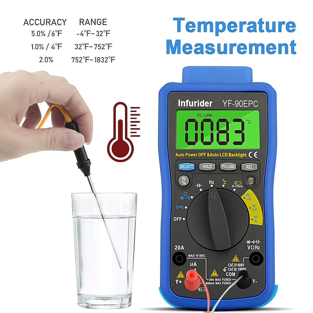 Digital Multimeter, INFURIDER YF-90EPC 4000 Counts Volt Meter, Auto-ranging Multimeter Tester Voltmeter Ammeter DMM for AC DC Volt, Amp, Ohm, Cap,Temp, Battery Test with USB Connect to PC