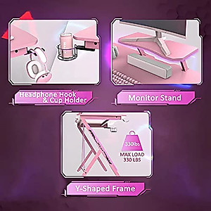 DEILALY Gaming Desk 45 Inch Computer Table Gamer Desk with Monitor Shelf Escritorios Mesa Office Home Study Desk Work Station PC Table Carbon Steel Leg with Headphone Holder Apartment Corner Desk Pink