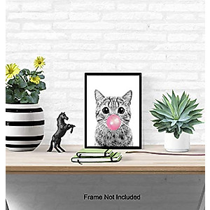 Cat Wall Decor - Tabby Cat - Cute Cat Wall Art - Room Decoration for Girls Bedroom, Kids Room, Living Room, Nursery - Cat Lover Gifts for Women - Adorable Pink Girly Kitty, Pussycat, Kitten Print