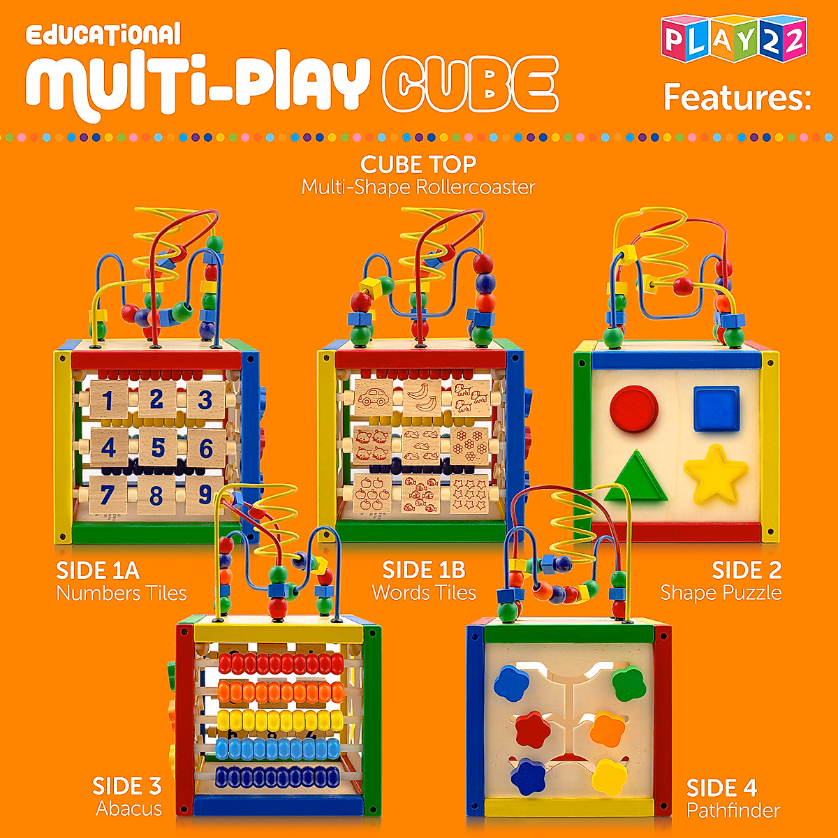 Wooden Activity Play Cube 6 in-1 for Baby with Removable Bead Maze, Shape Sorter, Abacus Counting Beads & Numbers, Sliding Shapes, 8Pcs Stacking Cups – Play22