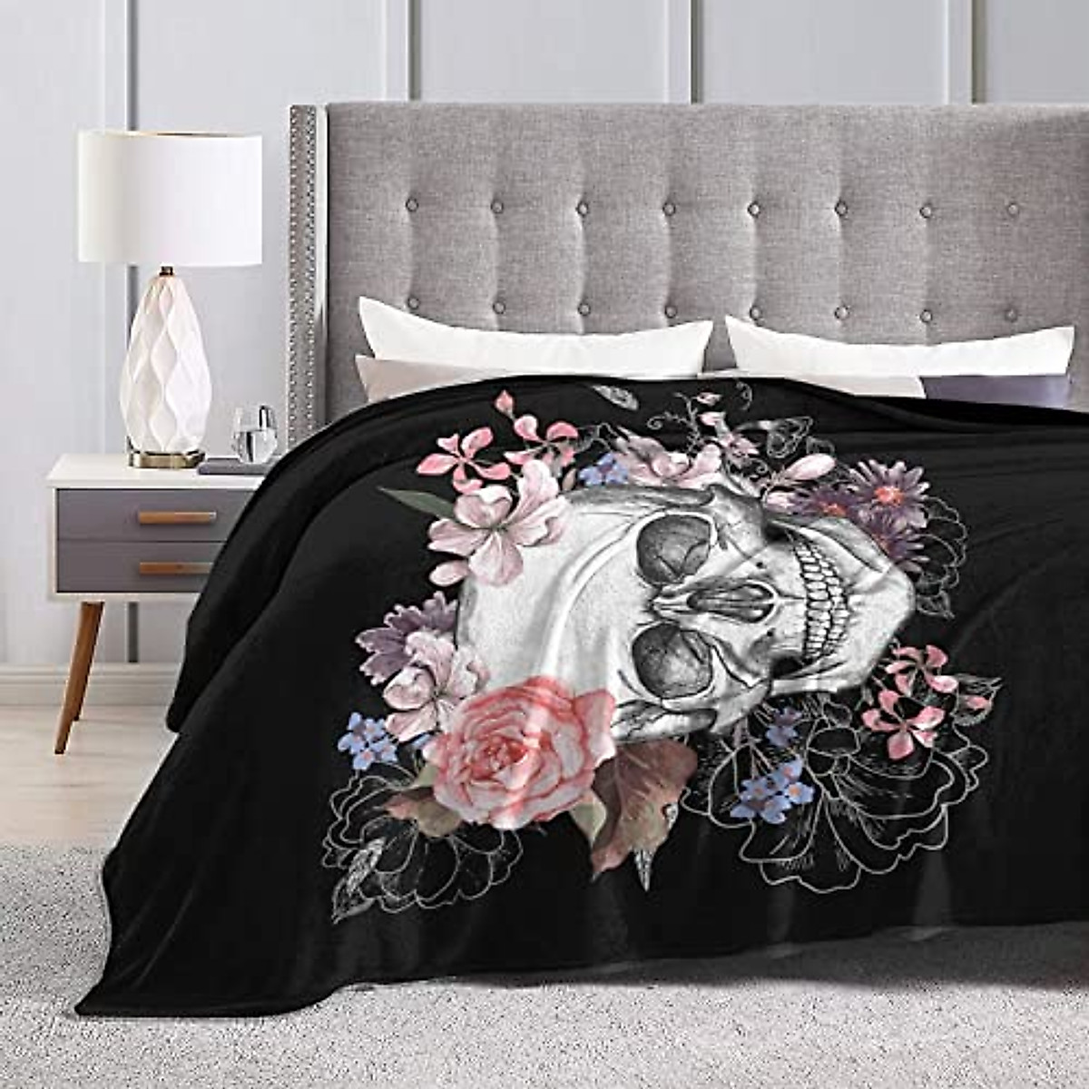 Pink Rose and Skull Throw Blanket Plush Flannel Bed Sofa Couch Office Home Women Men Soft Warm Lightweight 50 x 60 inches