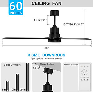 alescu Black Ceiling Fans with Lights,60" Indoor and Outdoor Ceiling Fan with Remote Control, Modern Reversible DC Motor for Patio Bedroom Living Room