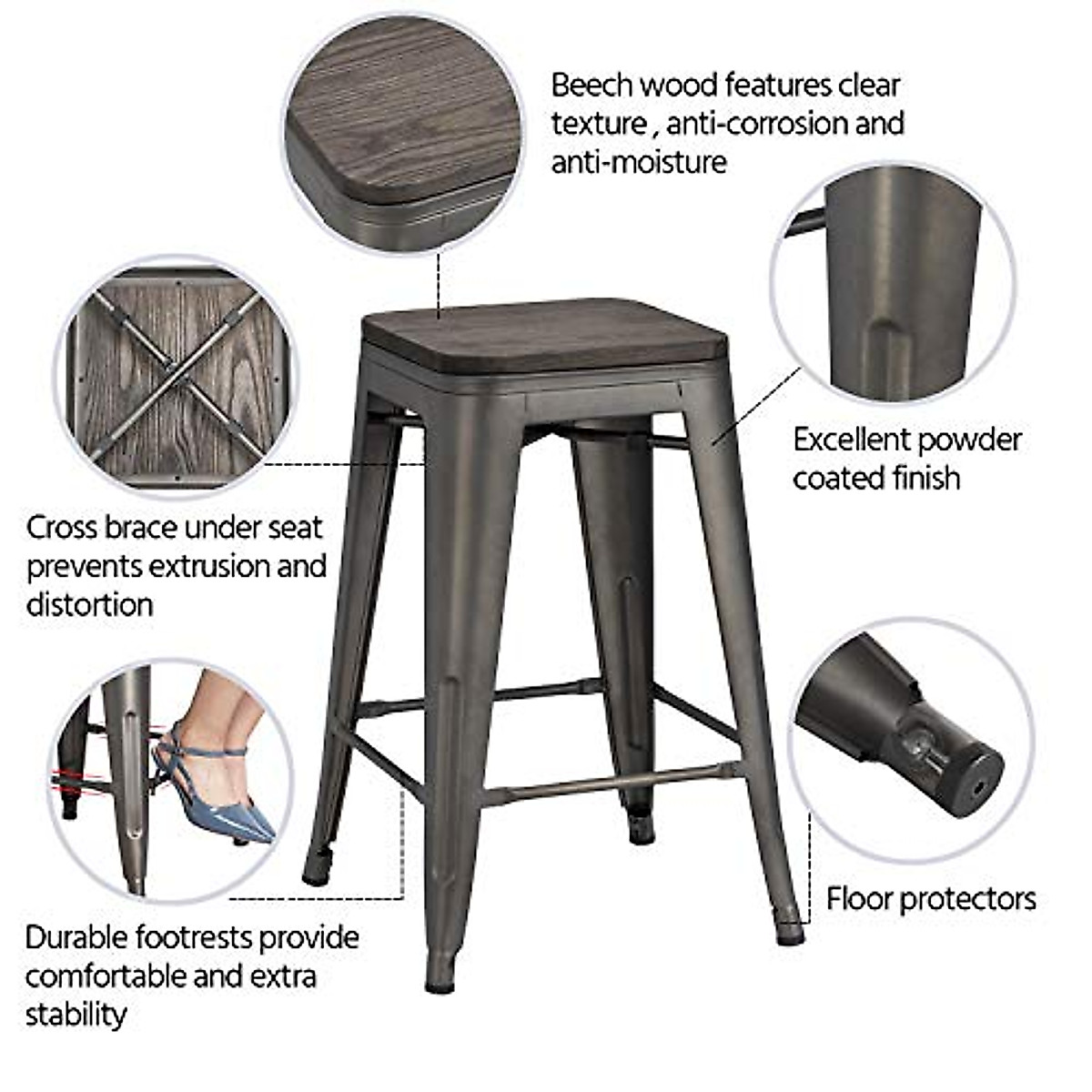 Yaheetech 24'' Counter Height Barstools 4PCS Metal Chairs Barstools for Patio with Wood Seat for Indoor and Outdoor, Gun Metal