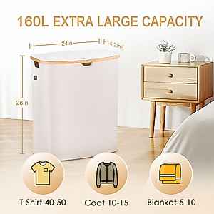 160L Laundry Hamper with Lid, Large Laundry Basket 3 Section with Bamboo Handle, Collapsible Dirty Clothes Hampers for Bedroom Aesthetic, Bathroom, Laundry Room, Beige