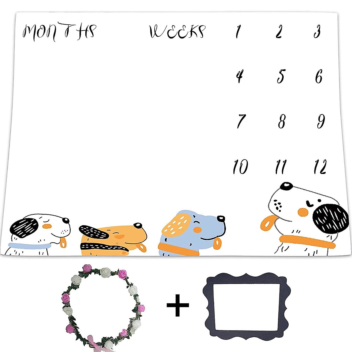 LUCKBTY Baby Month Milestone Blanket Puppy Pet Dog Blanket | Swaddle Toddler Set | Hospital Receiving Blanket Newborn Boy Girl Unisex Neutral with Frame & Floral Wreath 48"x40" BTXYLU78