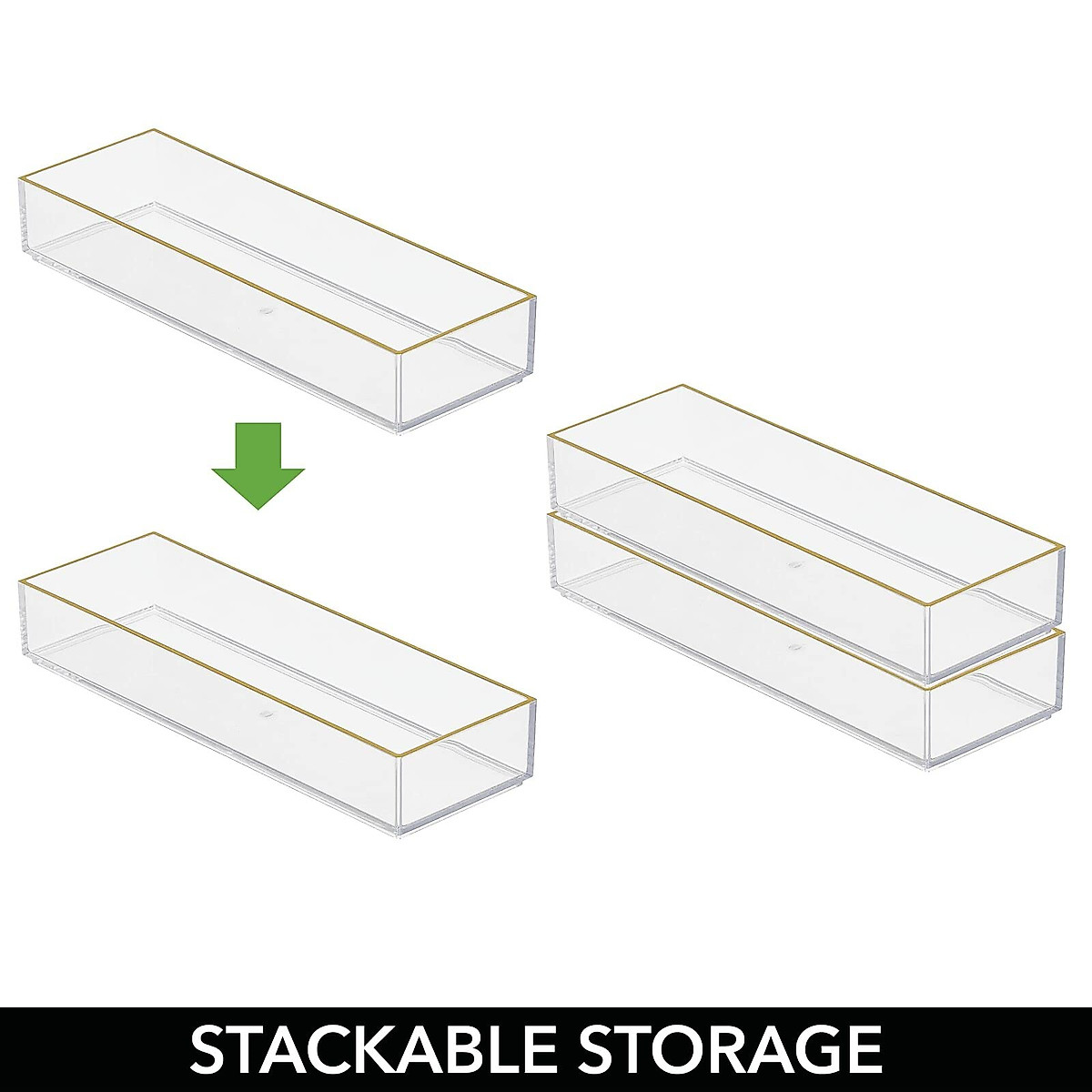 mDesign Slim Plastic Drawer Organizer, Storage Container for Cosmetics, Makeup, and Accessories on Bathroom Vanity, Countertop, or Cabinet - Lumiere Collection - 3 Pack - Clear/Soft Brass