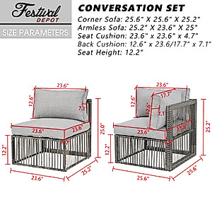 Festival Depot 3 Pieces Patio Conversation Set Sectional Corner Sofa Combination Outdoor Furniture All-Weather Wicker Metal Armless Chairs with Seating Back Cushions Garden Deck Poolside (Grey)