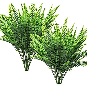 Ollain Artificial Plants 6Pcs Boston Fern Grass Fake Green Bushes Artificial Shrubs Bush Faux Indoor Outdoor UV Resistant Greenery Indoor Outside for Home Garden Porch Window Box Décor