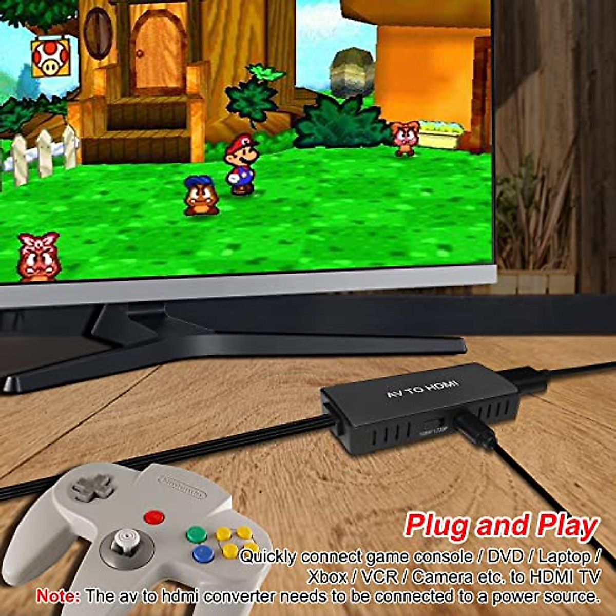 BD&M RCA to HDMI Converter, Composite to HDMI Adapter AV to HDMI Support 1080P PAL/NTSC Compatible with PS one, PS2, PS3, STB, Xbox, VHS, VCR, Blue-Ray DVD Players