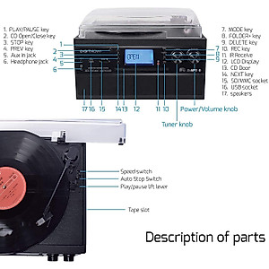 DIGITNOW Bluetooth Record Player Turntable with Stereo Speaker, LP Vinyl to MP3 Converter with CD, Cassette, Radio, Aux in and USB / SD Encoding, Remote Control, Audio Music Player Built in Amplifier