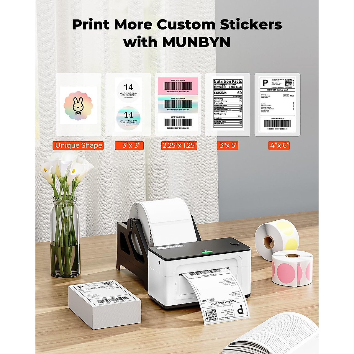 MUNBYN Thermal Label Printer 300DPI, 4x6 USB Shipping Label Printer for Shipping Packages & Small Business, Thermal Printer for Shipping Labels with USPS Shopify Ebay, One-Click Setup for Windows Mac