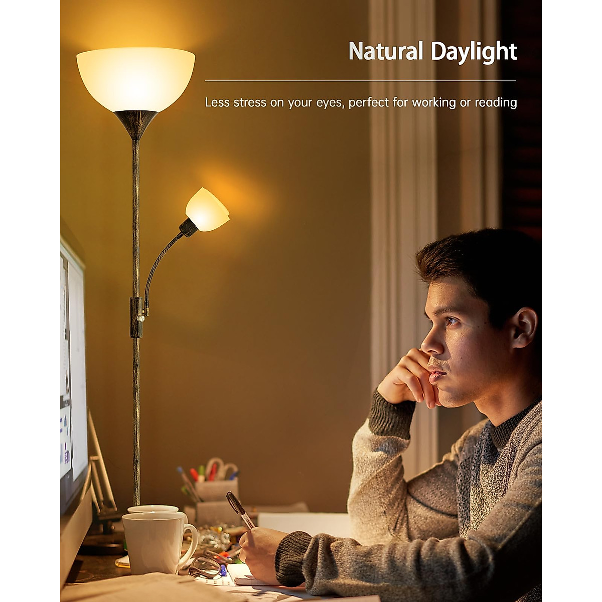 BoostArea Floor Lamps for Living Room, Standing Lamp, 71" Torchiere Floor Lamp with Reading Lamp, 3 Way Switch, Corner Floor Lamps for Living Room/Bedroom, Rustic Bronze Floor Lamp(E26 Base, No Bulb)