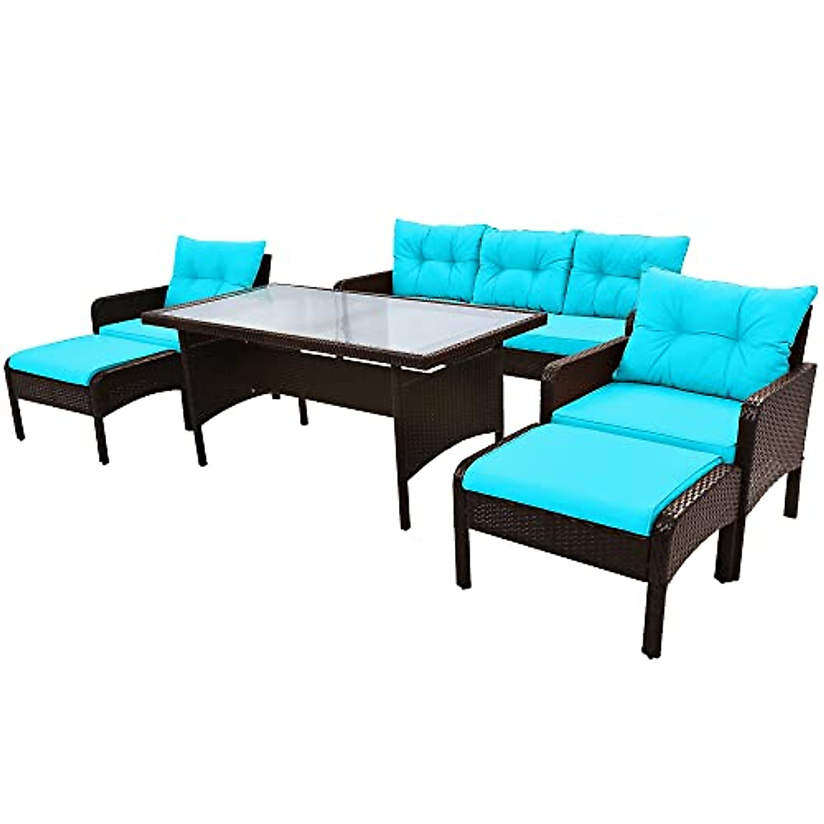 Merax Outdoor Patio PE Wicker Rattan Sofa Dining Set with Removable Cushions empered Glass Tea Table for Backyard, Poolside, Deck, Blue,6 Piece