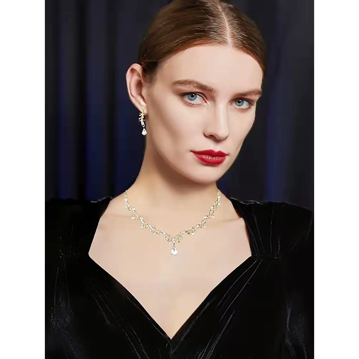 3Pcs Austrian Crystal Jewelry Set for Women, Necklace Dangle Earrings Link Bracelet with Gold/Platinum/Gun Plated, Wedding Party Bridal Bridesmaid (White-Gold Plated)