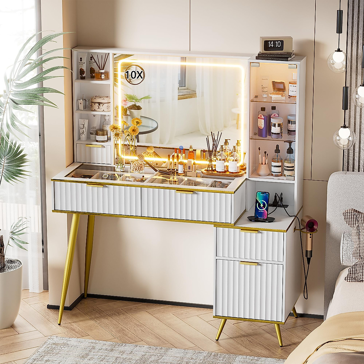 PAKASEPT Fluted Vanity Desk with Mirror and Lights, 47" Big Modern Vanity Desk with Glass Tabletop, Vanity Table with Charging Station, 4 Drawers, Shelves, RGB Glass Cabinet, for Bedroom, White