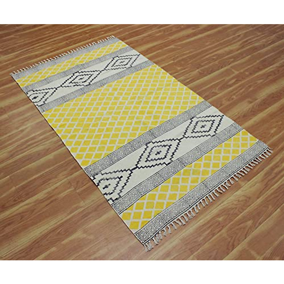 Casavani Hand Made Cotton Dhurrie Geometric Yellow & Black Tassel Rug Easy Care Washable Rugs for Doormat Entryway Living Room Bedroom Hallway Balcony 8x10 Feet