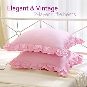 YOKKITA 2 Pack Pink Ruffle Euro Pillow Sham Covers 26x26 inches, 100% Cotton Pillowcases Princess Vintage and Shabby for Girls Bed Gift for Her