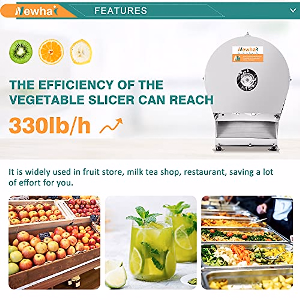 Newhai 0-10mm Commercial Onion Slicer Potato Chips Slicer Tomato Slicing Machine Electric Cabbage Shredder Machine Vegetable Fruit Slicing Machine 0-0.4’’ Stainless Steel (Slicer Machine)