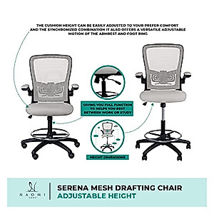 Serena Ergonomic Mesh Drafting Chair - Adjustable, Breathable Mesh, Lumbar Support, Ergonomic and Height Adjustable Flip-Top Office Chair with Foot Ring and Productivity - Gray