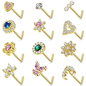 JeryWe 12Pcs Nose Studs 20g Nose Stud L Shaped Diamond CZ Nose Rings Stud for Women Surgical Steel Nose Rings Nose Screw Nose Piercing Stud Butterfly Heart Flower Nostril Jewelry Silver Rose Gold