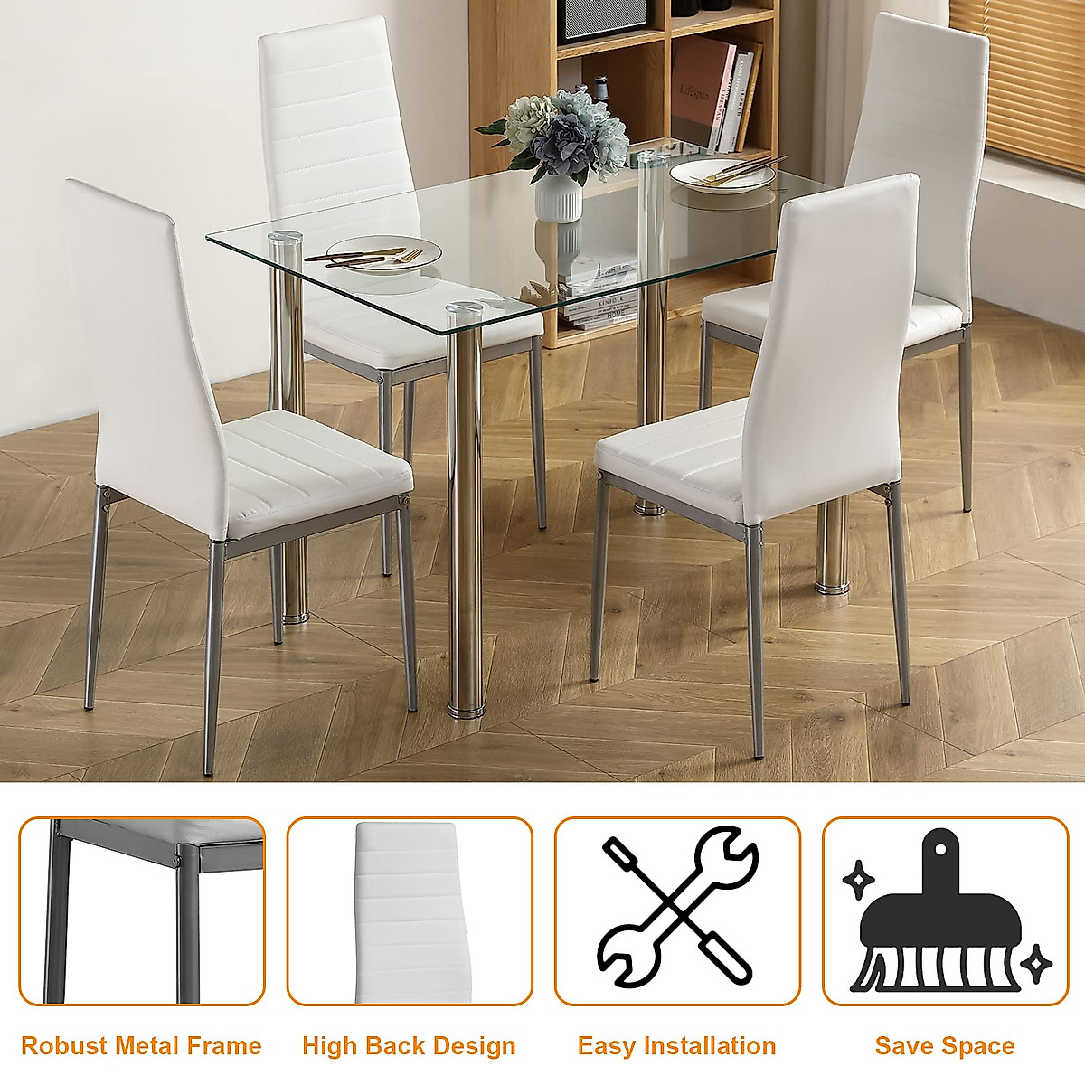 HomVent Dining Table Set for 4, Small Tempered Glass Dining Room Table Set, Kitchen Table and Chairs for Small Spaces, Transparent,White Modern 110cm, Stainless Steel PU Leather