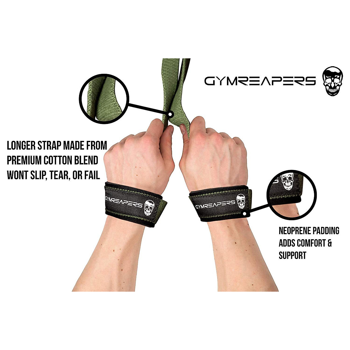 Gymreapers Lifting Wrist Straps for Weightlifting, Bodybuilding, Powerlifting, Strength Training, & Deadlifts - Padded Neoprene with 18" Cotton (Military Green)